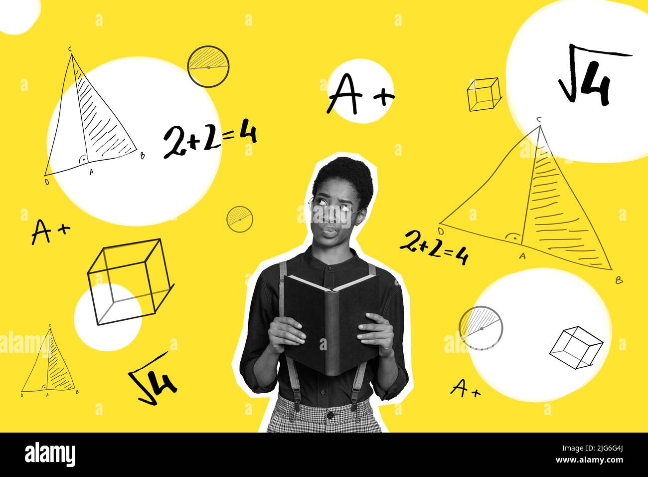 Creative abstract template graphics image of intelligent lady learning ...