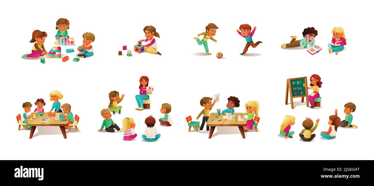 Kindergarten cartoon color set of adult and children spending time ...
