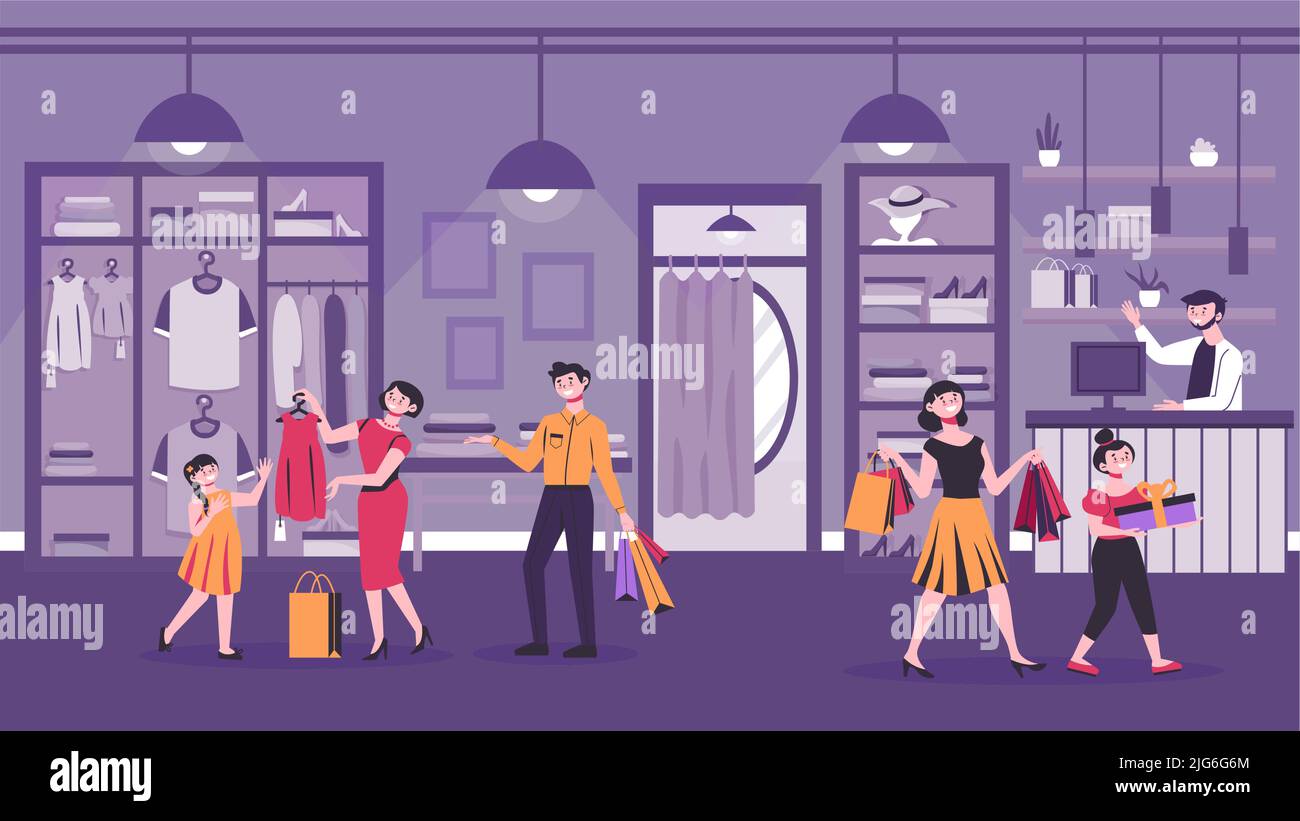 Shopping composition with indoor scenery of clothing store with cartoon ...