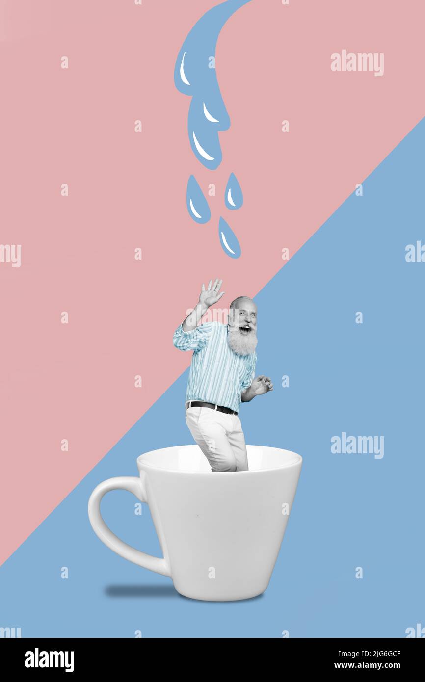 Photo cartoon comics sketch picture of funny man standing inside cup ...