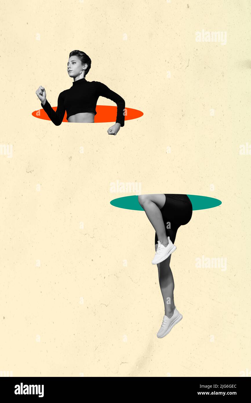 Vertical collage illustration of sporty girl black white effect jump ...