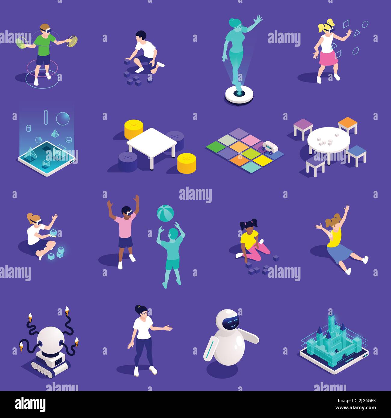 Colored kindergarten isometric icon set with figures of children ...