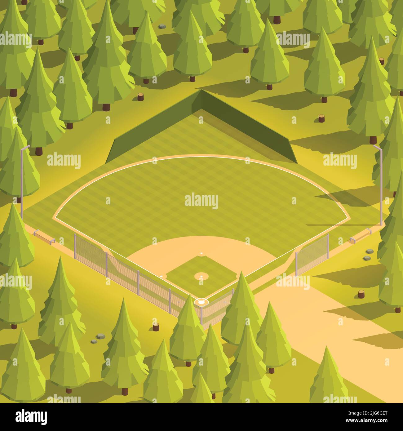 Colored baseball isometric composition an empty green square field ...