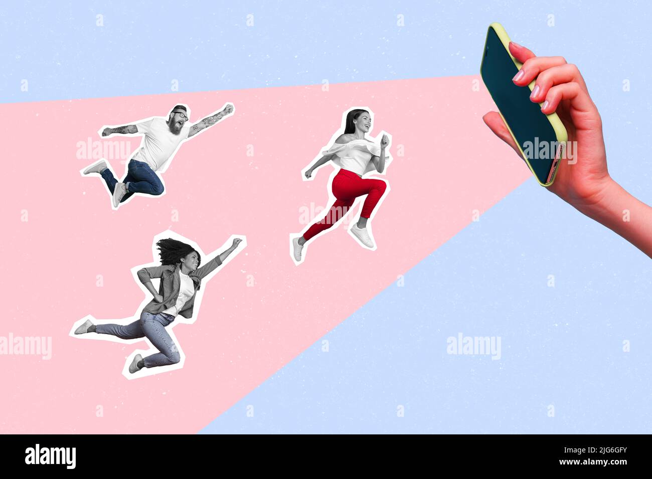 Creative retro 3d magazine image of big arm holding phone people ...