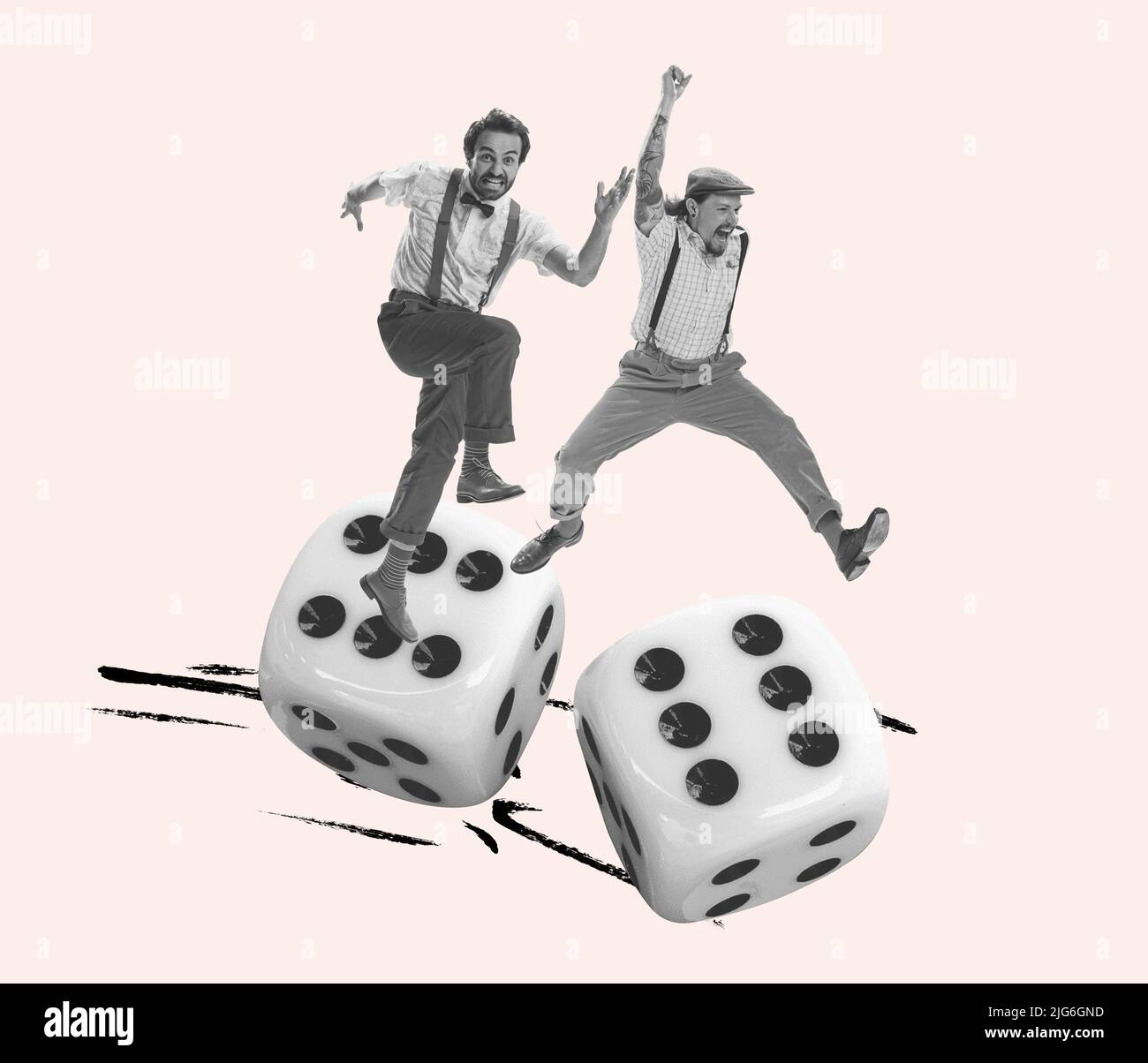 Contemporary art collage. Two stylish men jumping over playing dice ...