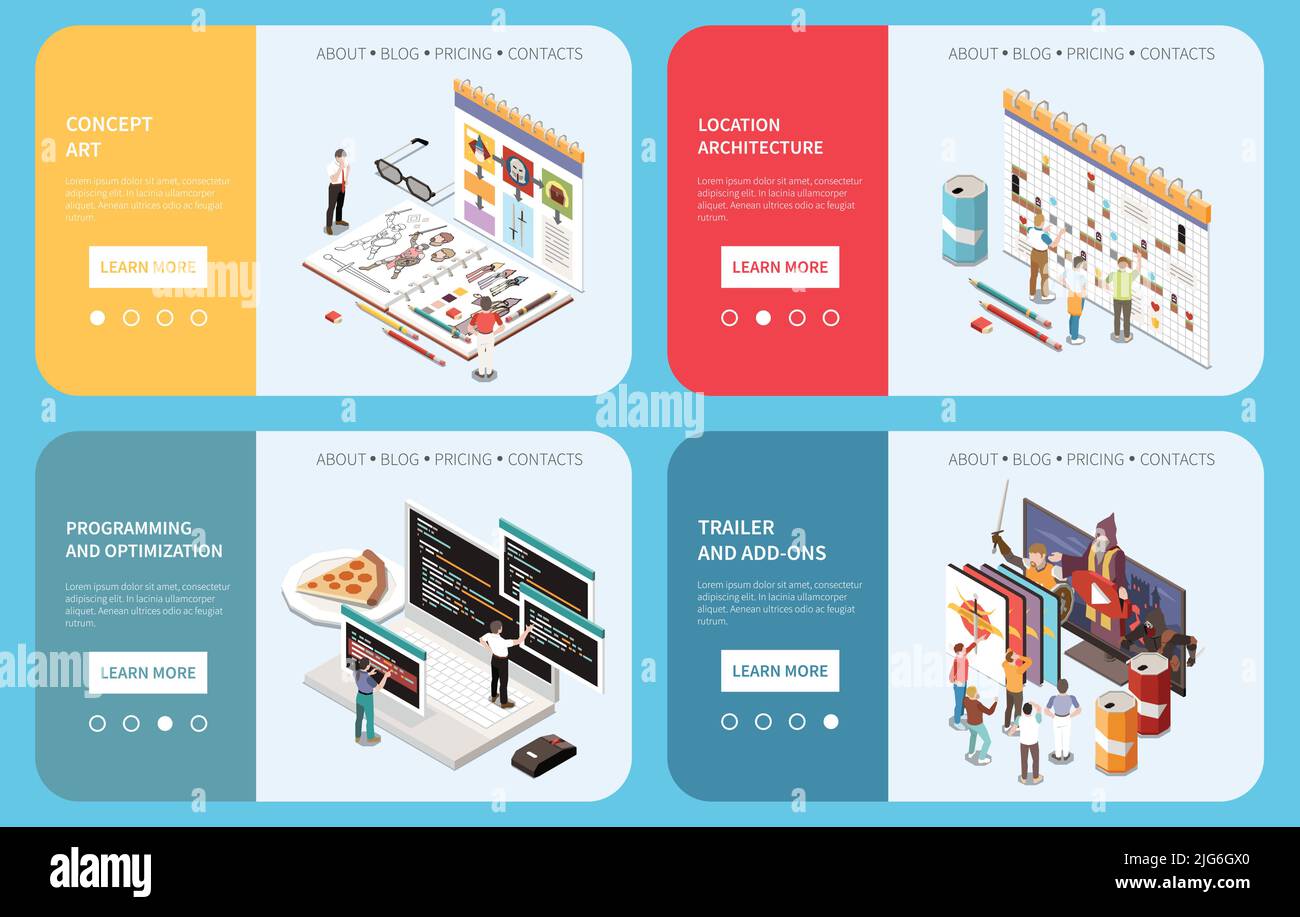 Game development isometric banners set with location architecture ...