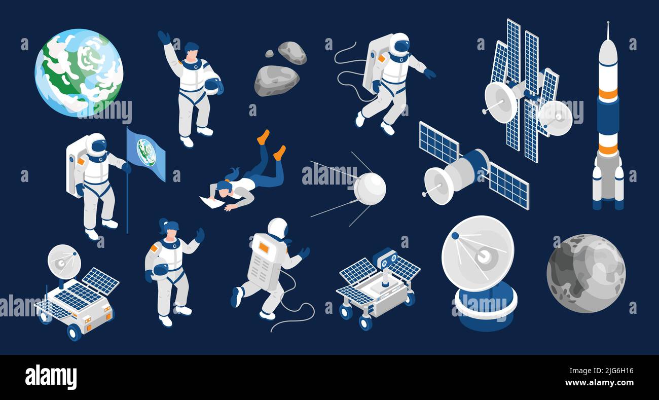 Space exploration isometric color set with spaceship startup and ...