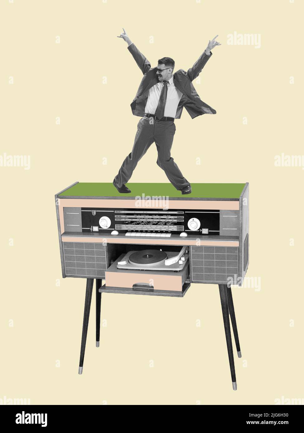 Contemporary art collage. Cheerful man in official suit dancing on ...