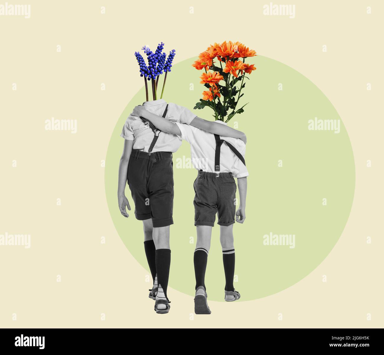 Contemporary art collage. Boys in retro outfit with flower heads ...