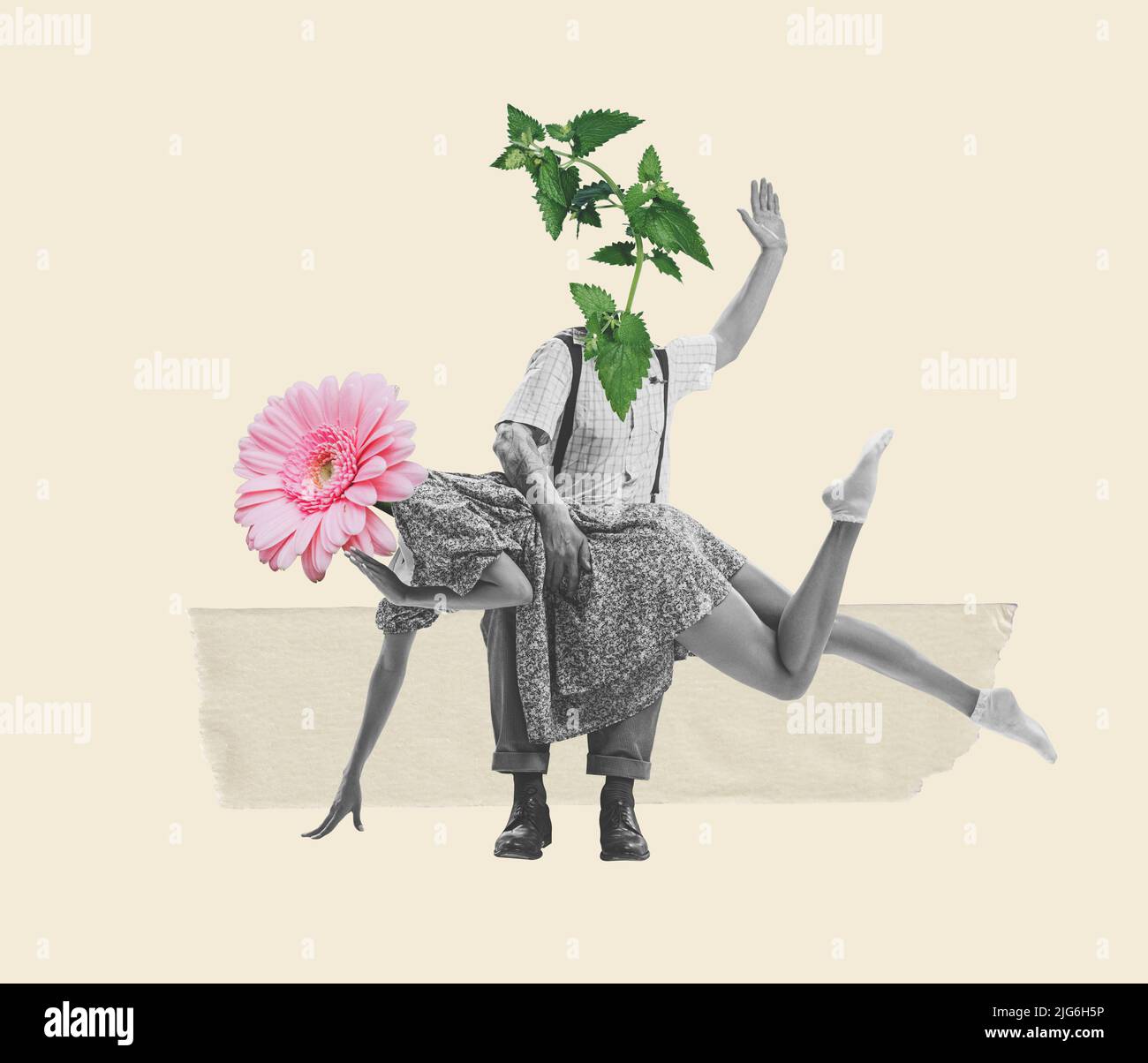 Contemporary art collage. Woman with gerbera flower head and man with ...