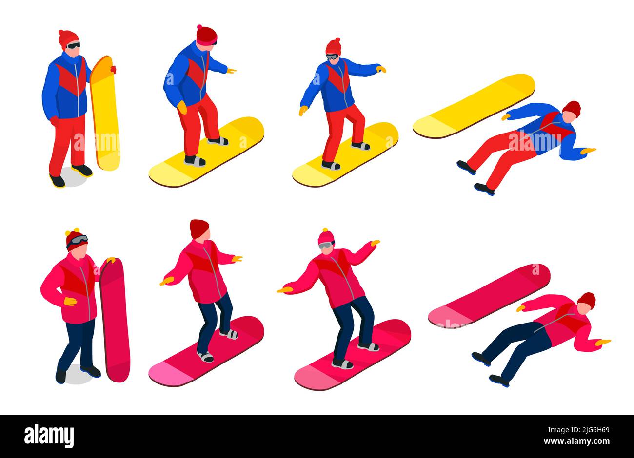 Snowboarding people set with isometric characters wearing colorful ...
