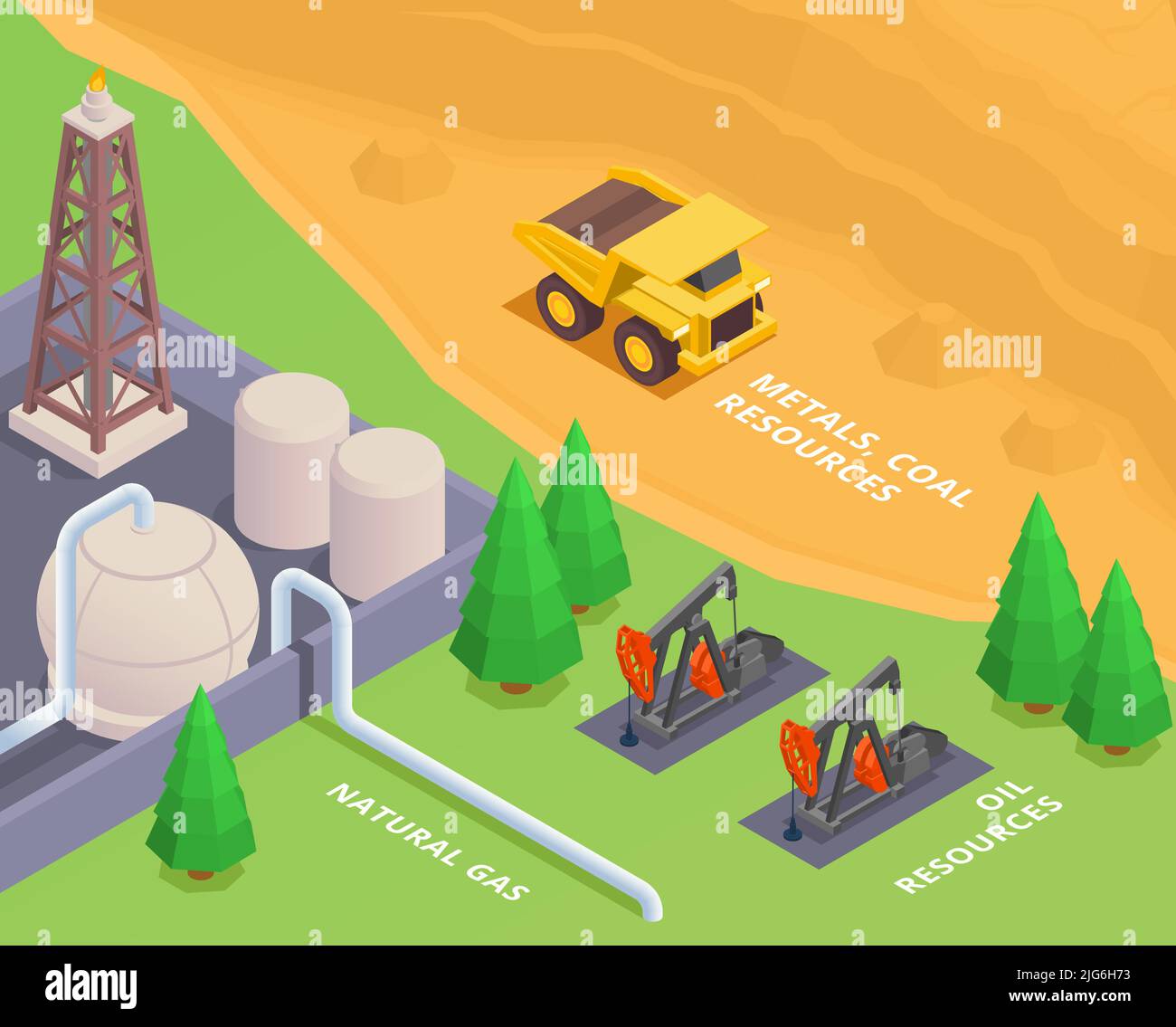 Natural resources background with oil extraction gas production truck ...