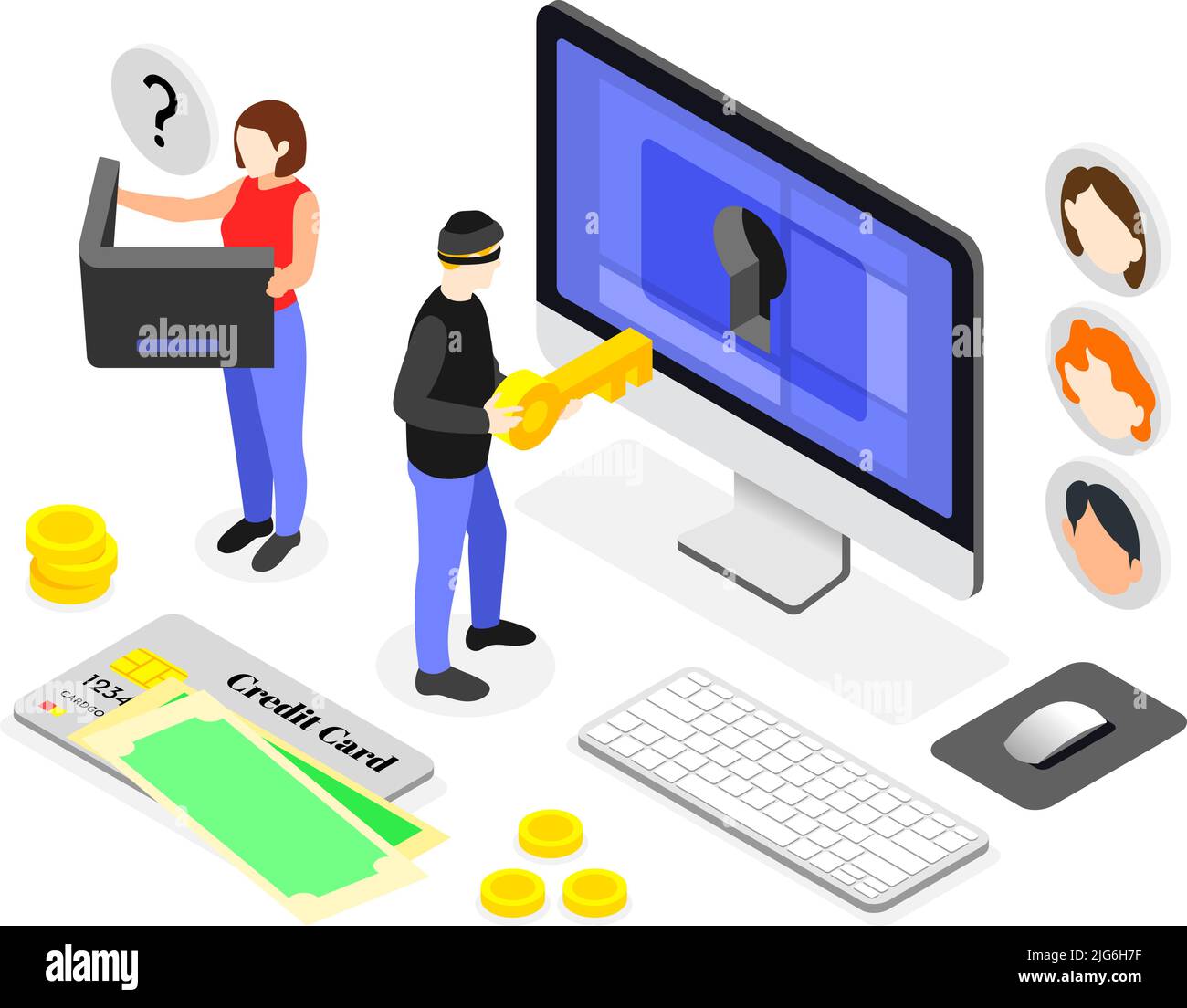 Banks scammers isometric composition with human characters opening safe ...