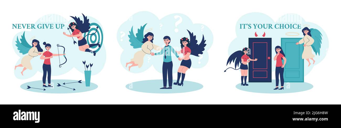 Angels devil set of three isolated compositions with flat mythical ...