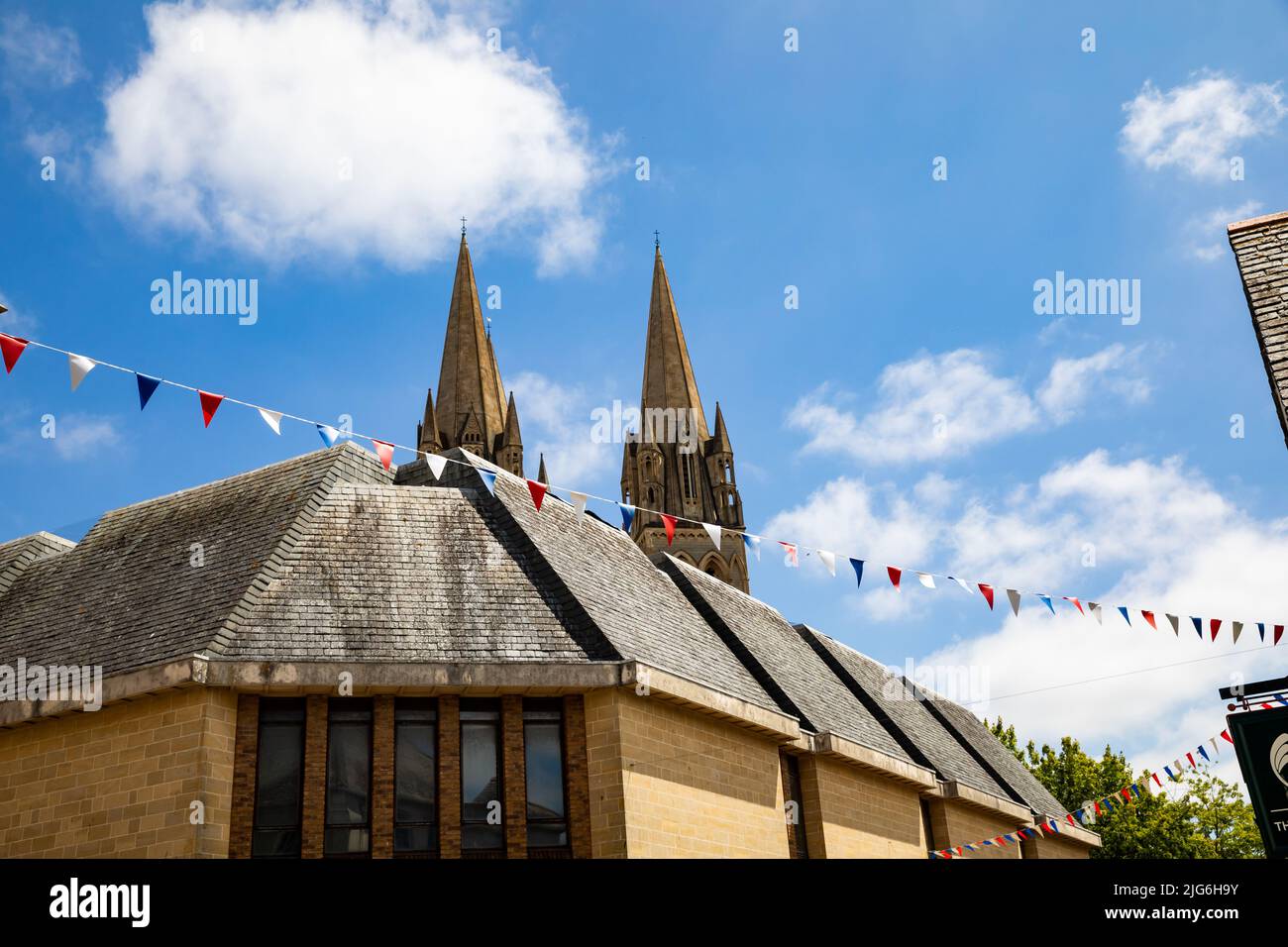 Sunshine and blue sky over the rooftops in Truro, Cornwall,UK Stock ...