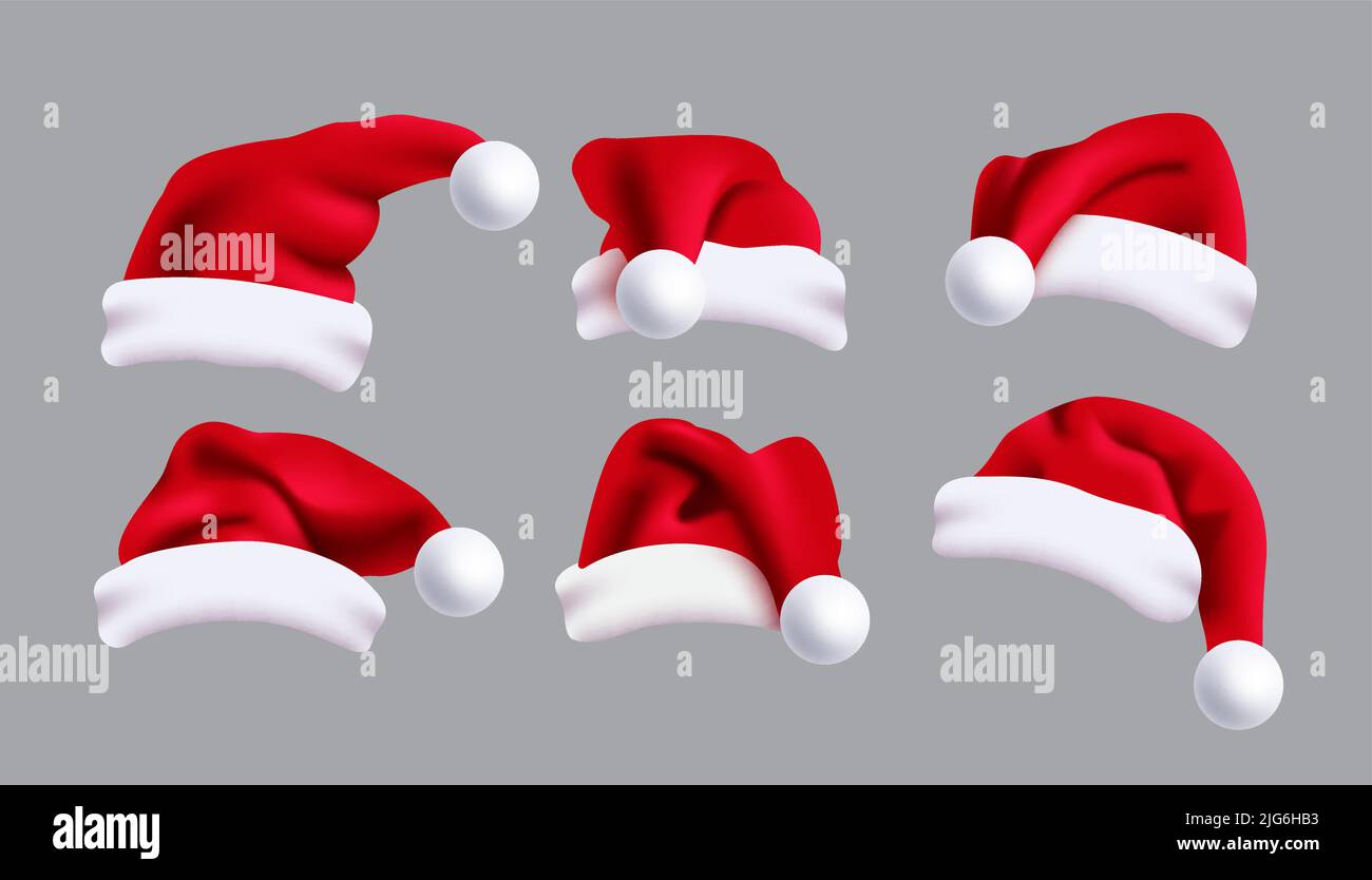 Santa hat vector set design. Santa claus 3d christmas cap elements ...