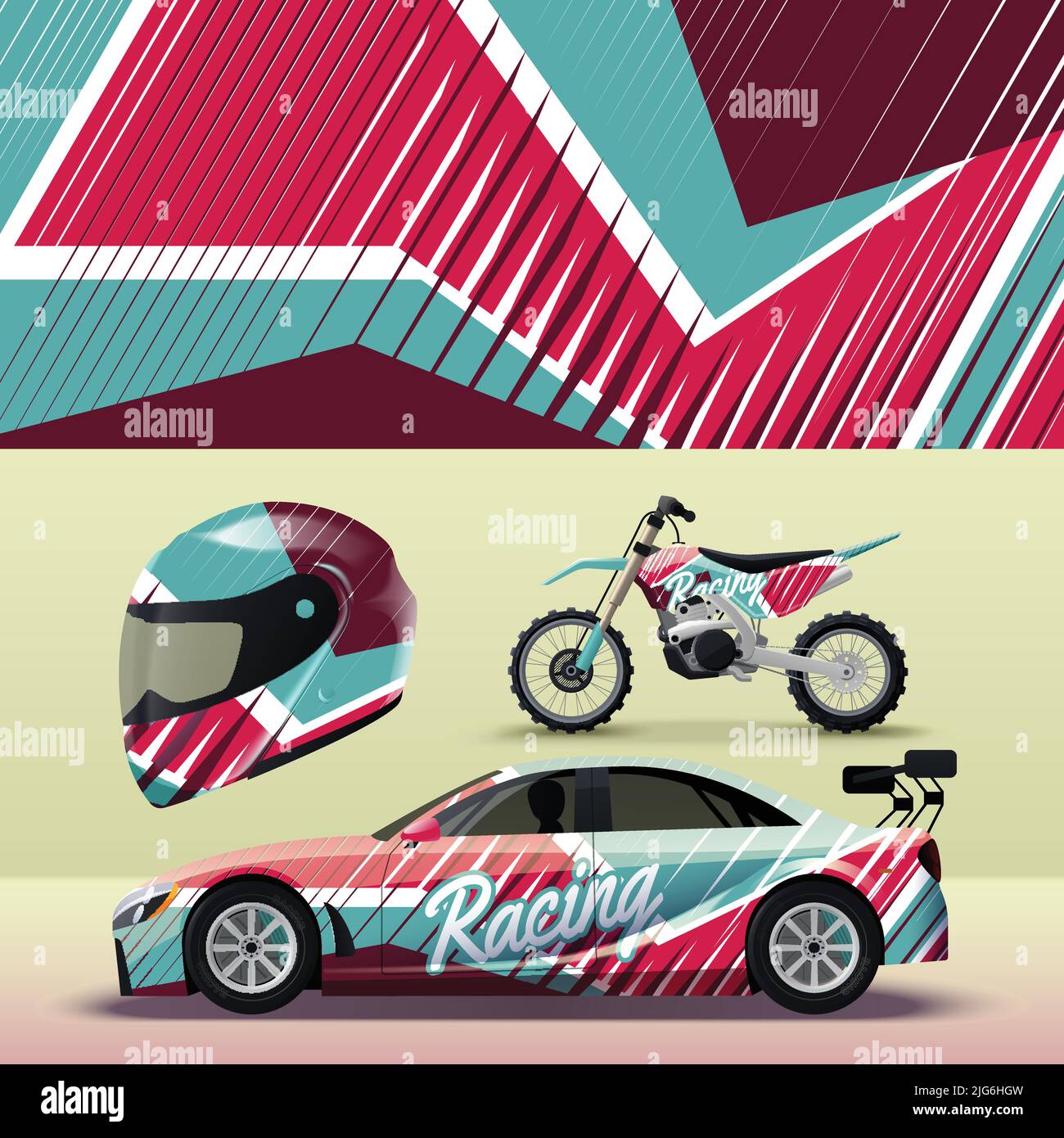 Realistic racing car motorcycle helmet livery mockup with bright ...