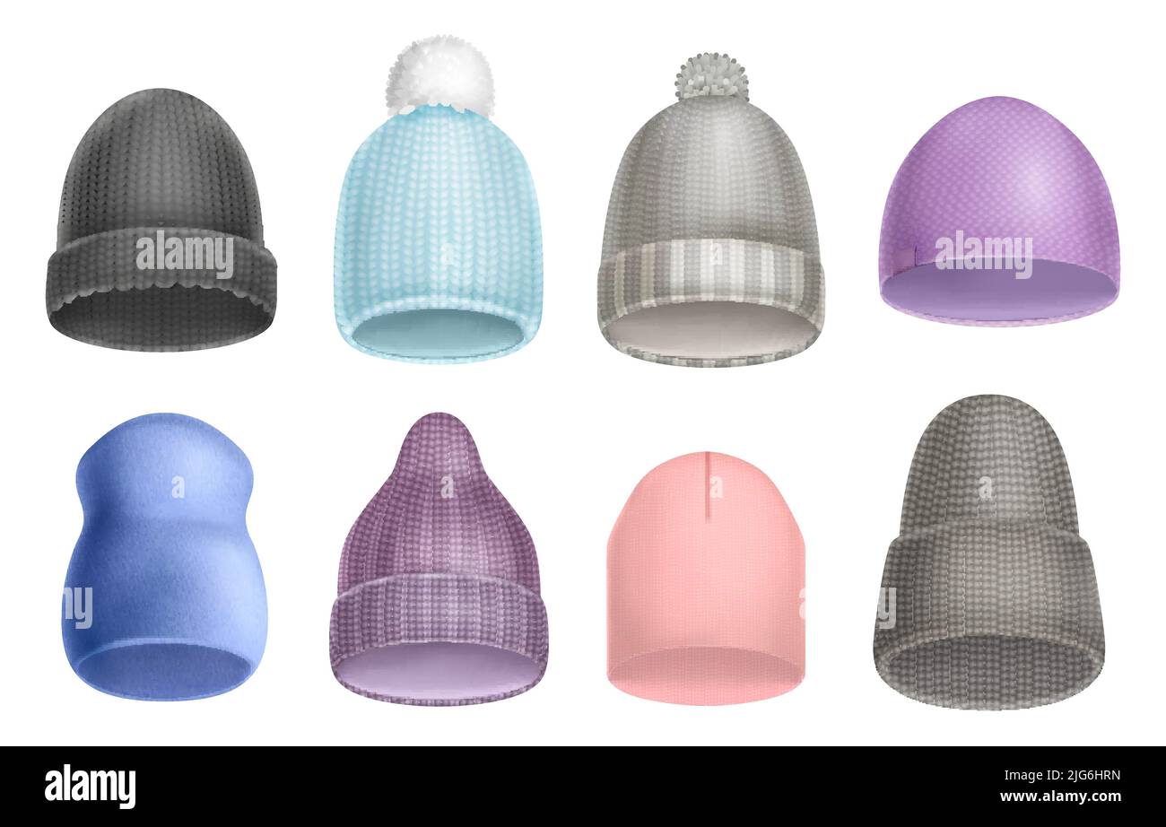 Set of realistic winter autumn beanie hats of different color and style ...