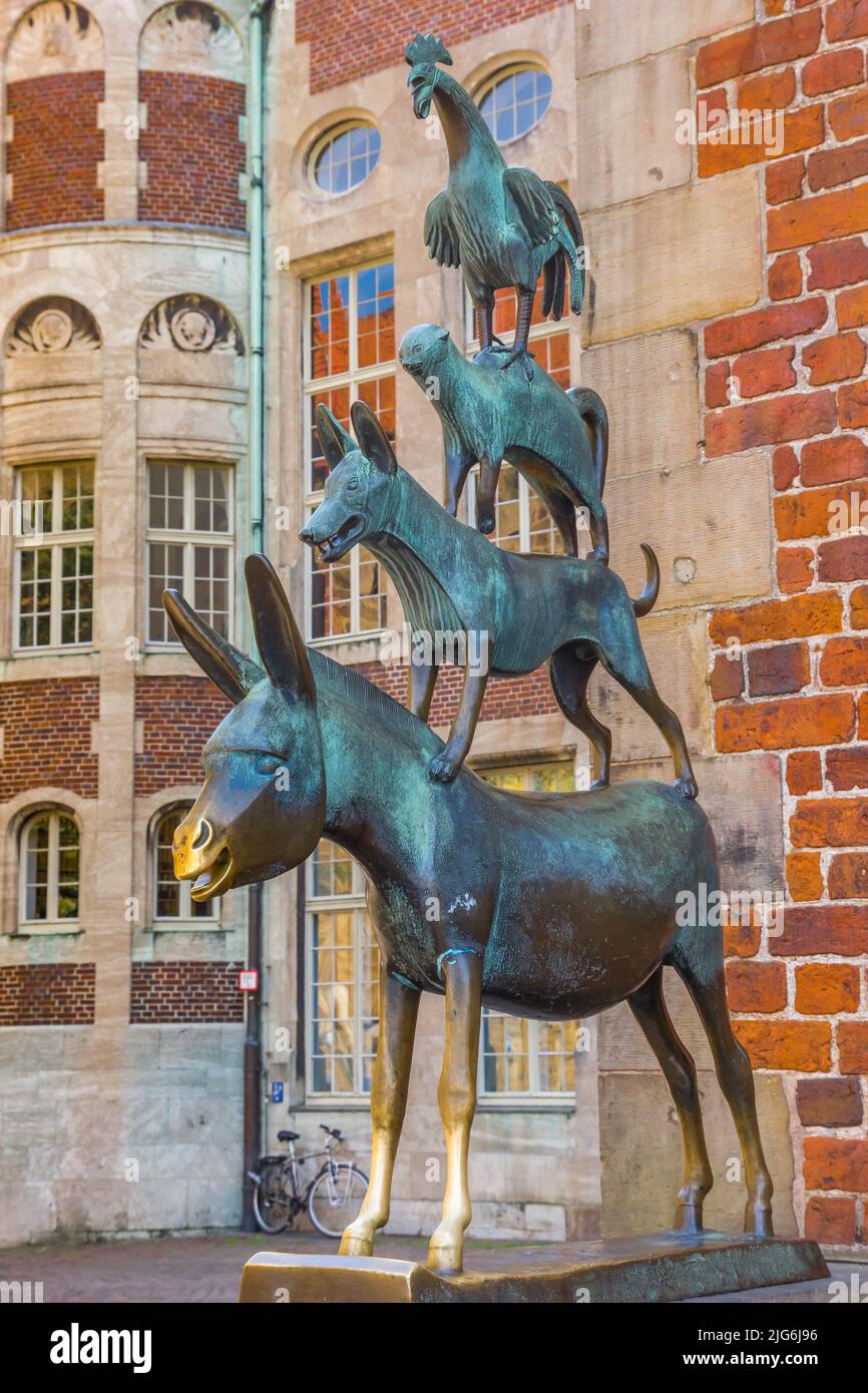Sculpture of animals called the city musicians in Bremen, Germany Stock ...