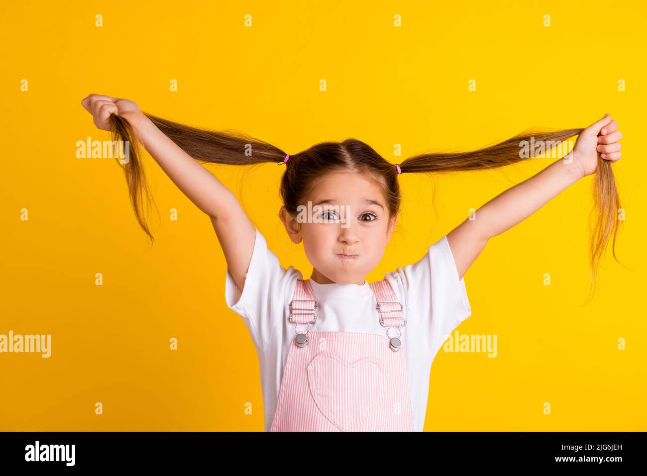 Photo of charming sweet school girl wear summer outfit bloated cheeks ...
