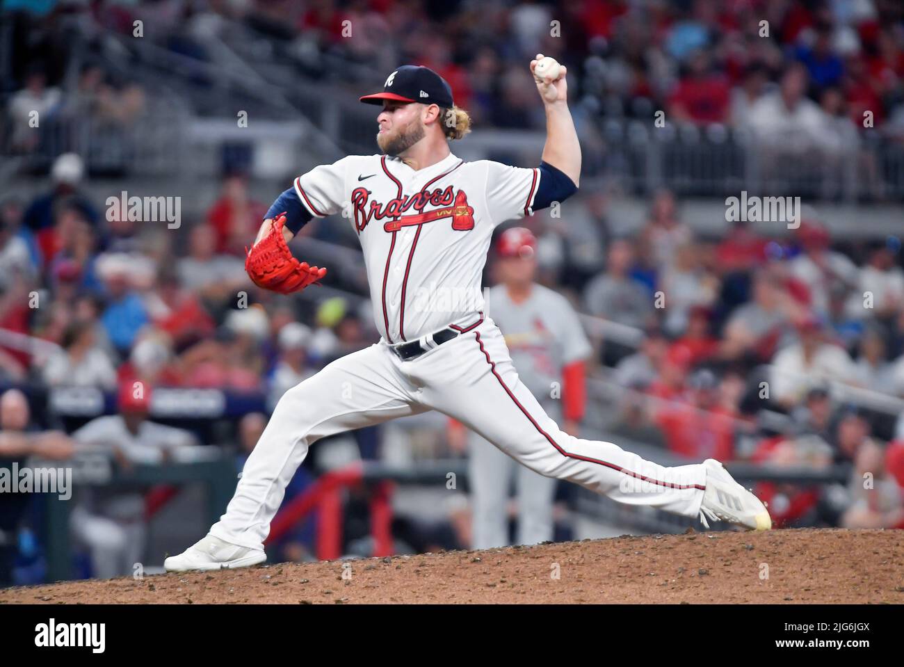 July 07, 2022: Atlanta Braves pitcher AJ Minter delivers a pitch during ...