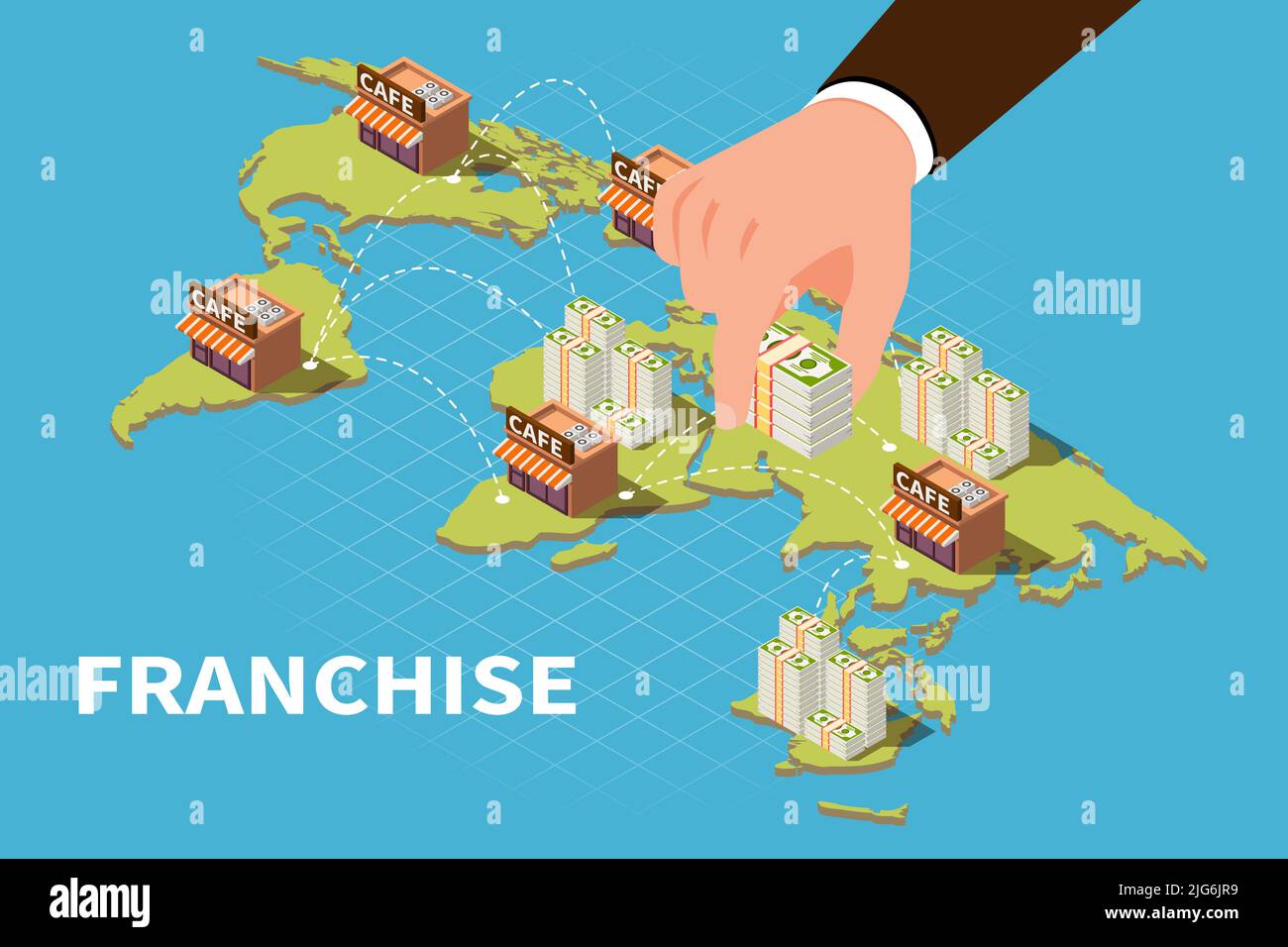 Franchise isometric composition big hand of business network manager or ...