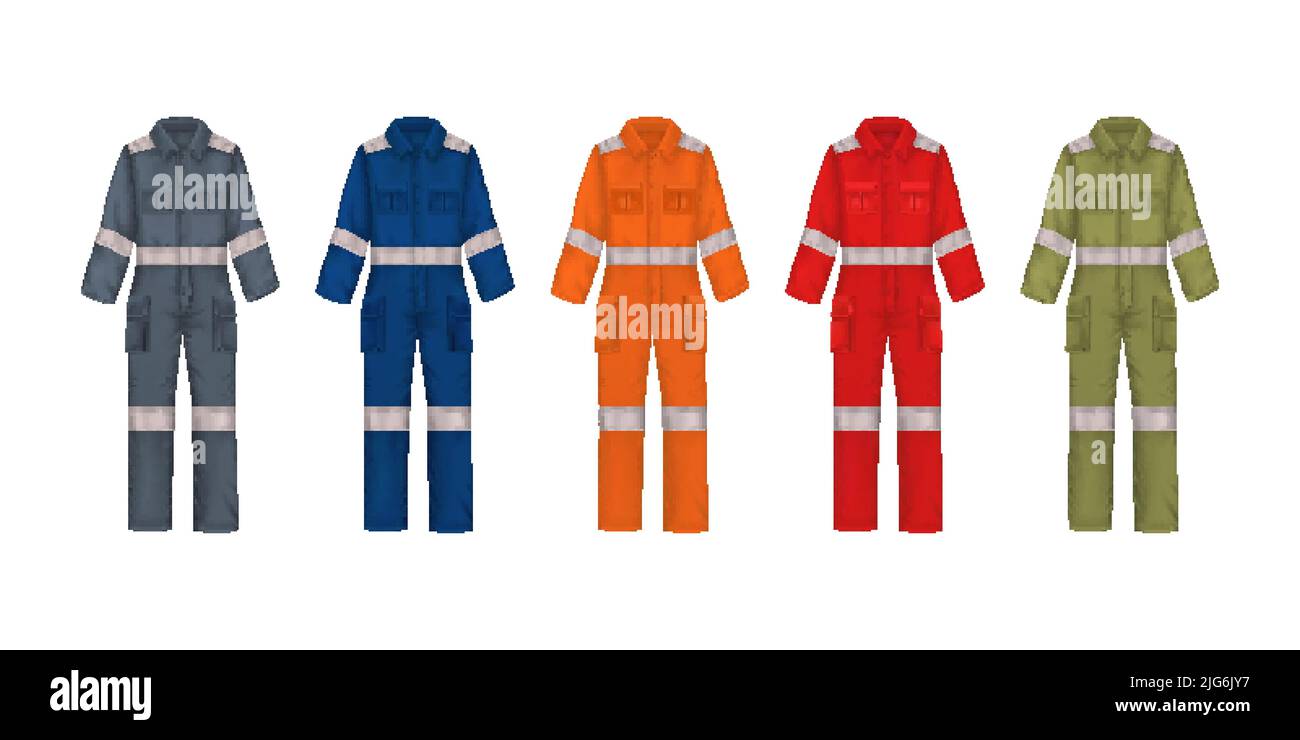 Workwear uniform realistic set with five isolated images of overall ...
