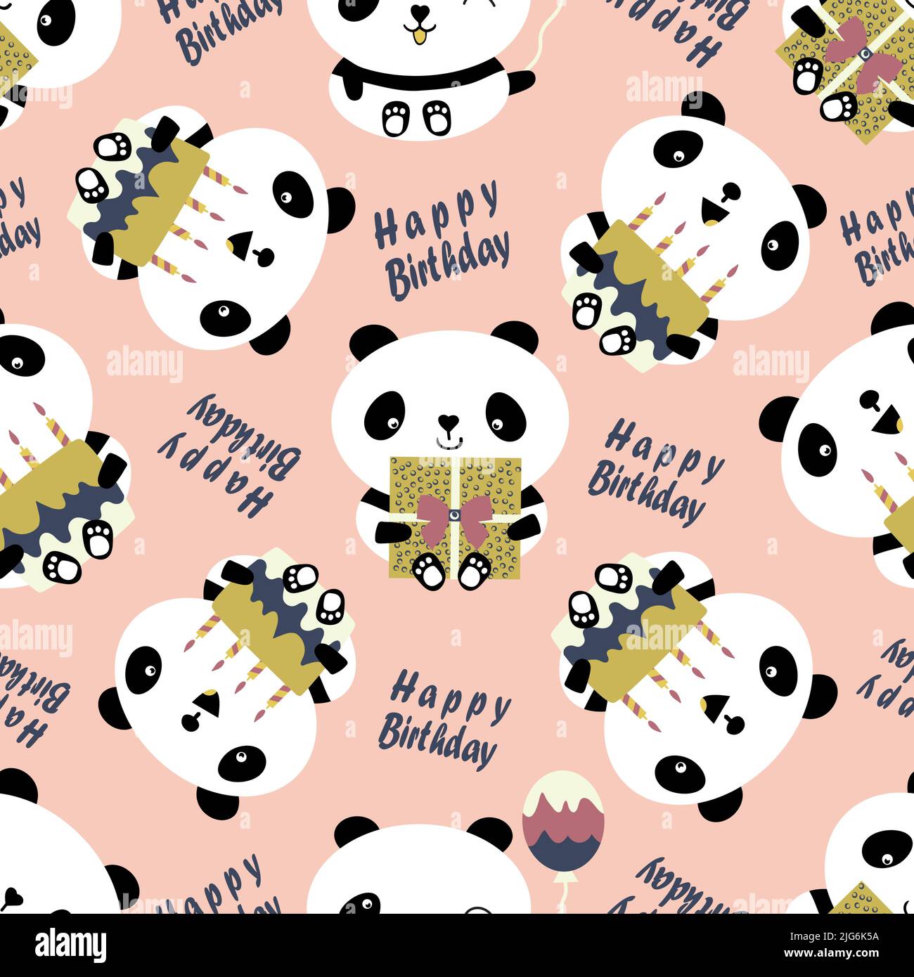 Kawaii panda Happy Birthday text vector seamless pattern background ...