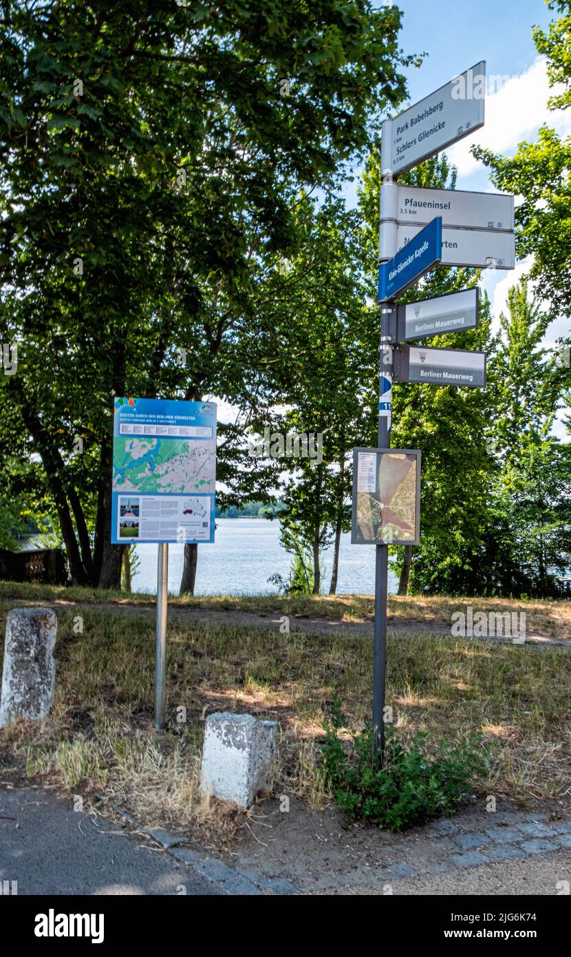 Berliner Mauerweg sign on east end of Glienicke Bridge, Former Berlin ...