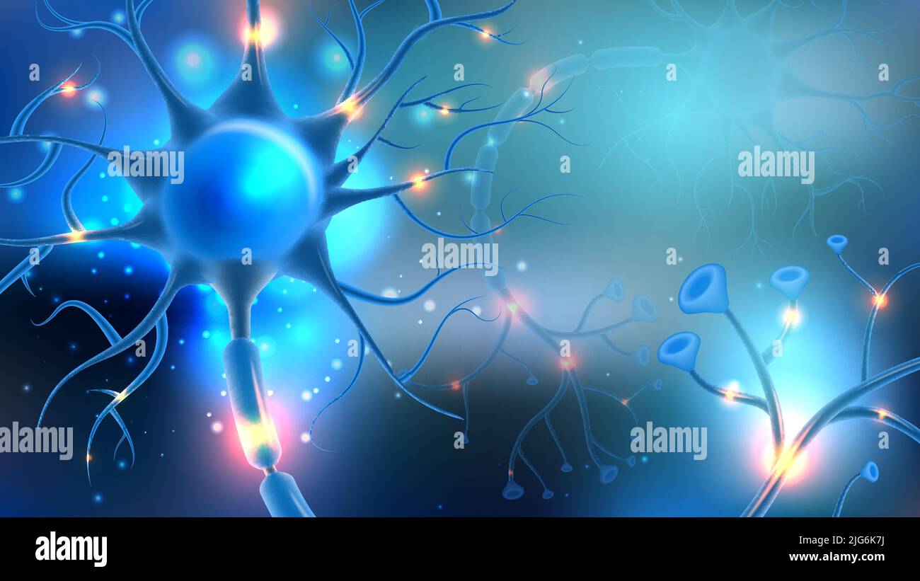 Realistic neuroscience background with glowing human nerves on blue ...