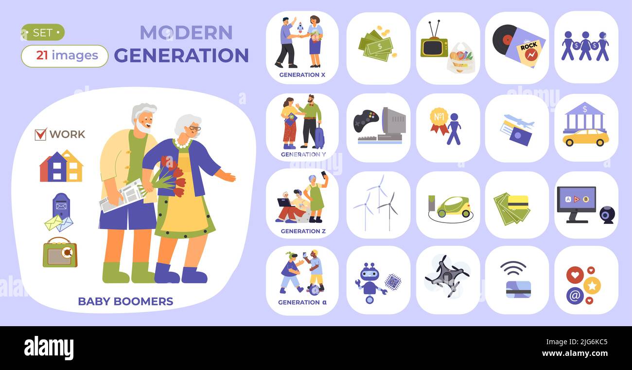 Generation composition set with flat isolated icons of different ...