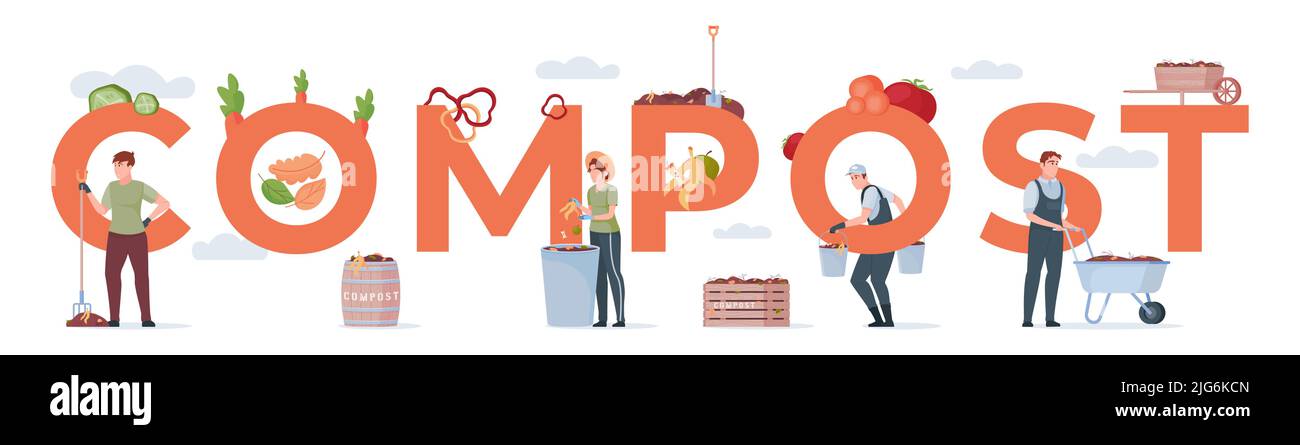 Compost text flat composition with big letters icons of growing plants ...