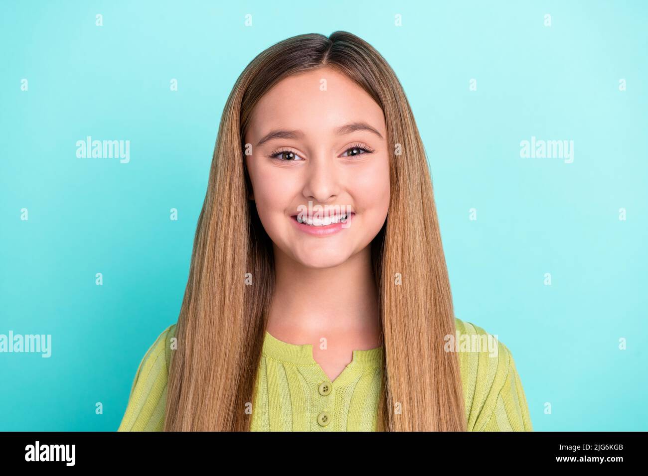 Photo of cute sweet satisfied little girl toothy beaming smile isolated ...