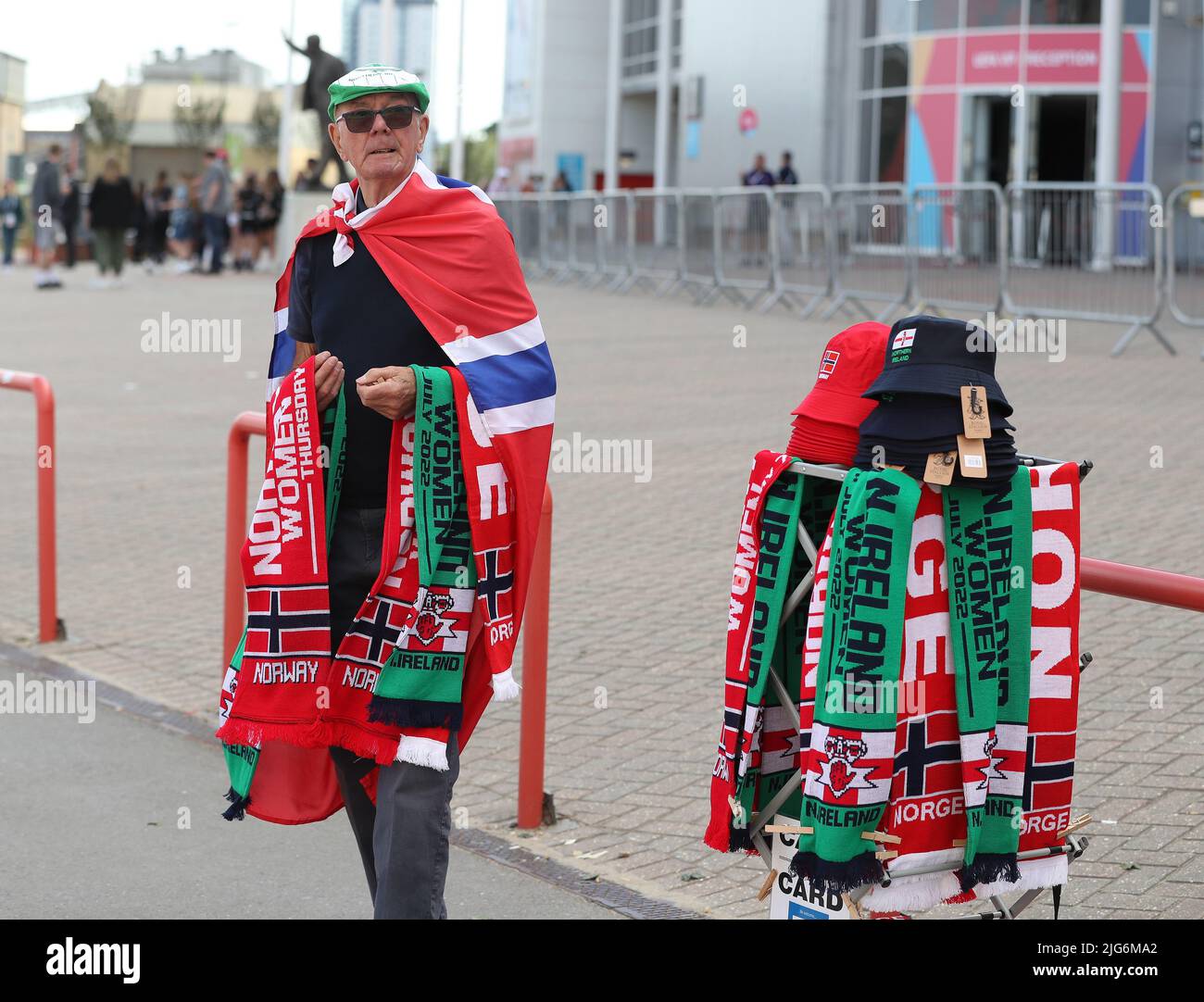 Southampton, England, 7th July 2022. A scarf seller outside the stadium ...