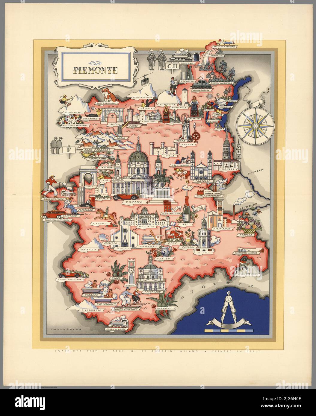 Pictural Map of Piemonte, Italy Colorful small map with vignettes of ...
