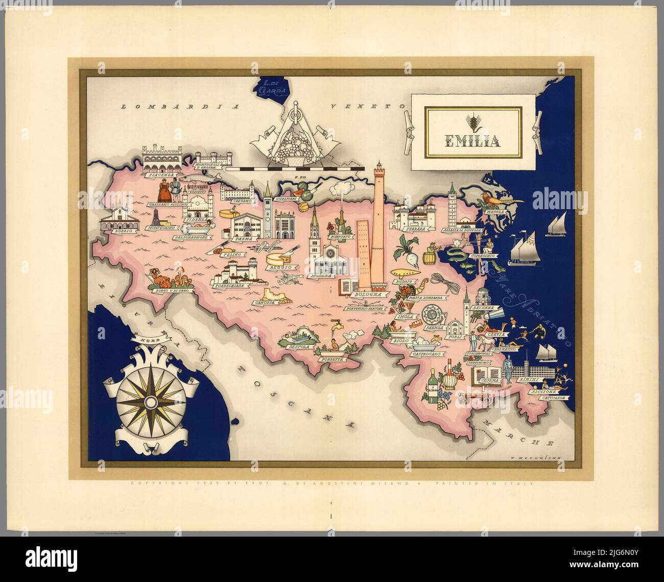 Pictural Map of Emilia, Italy Colorful small map with vignettes of ...