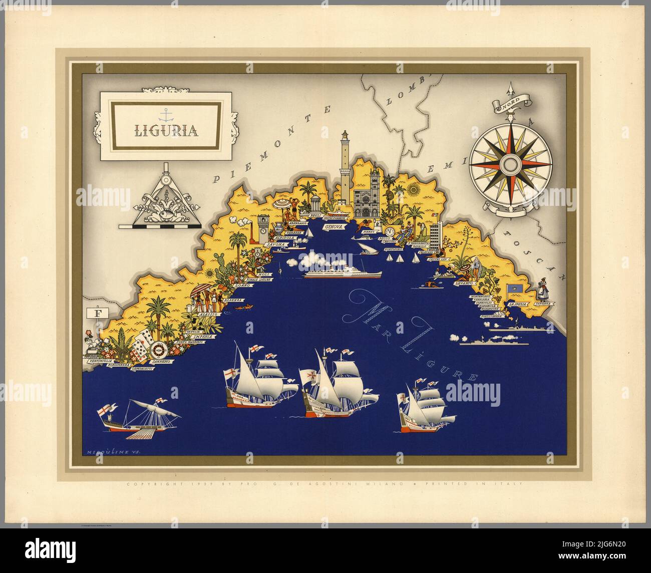Pictural Map of Liguria Italy Colorful small map with vignettes of ...