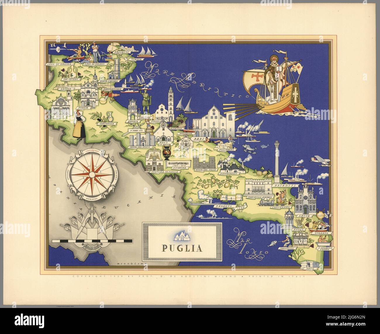 Pictural Map of Puglia, Italy Colorful small map with vignettes of ...