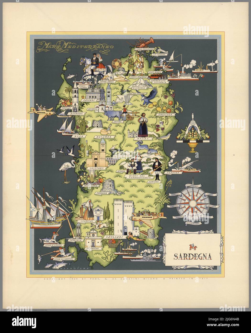 Pictural Map of Sardegna / Sardinia, Italy Colorful small map with ...