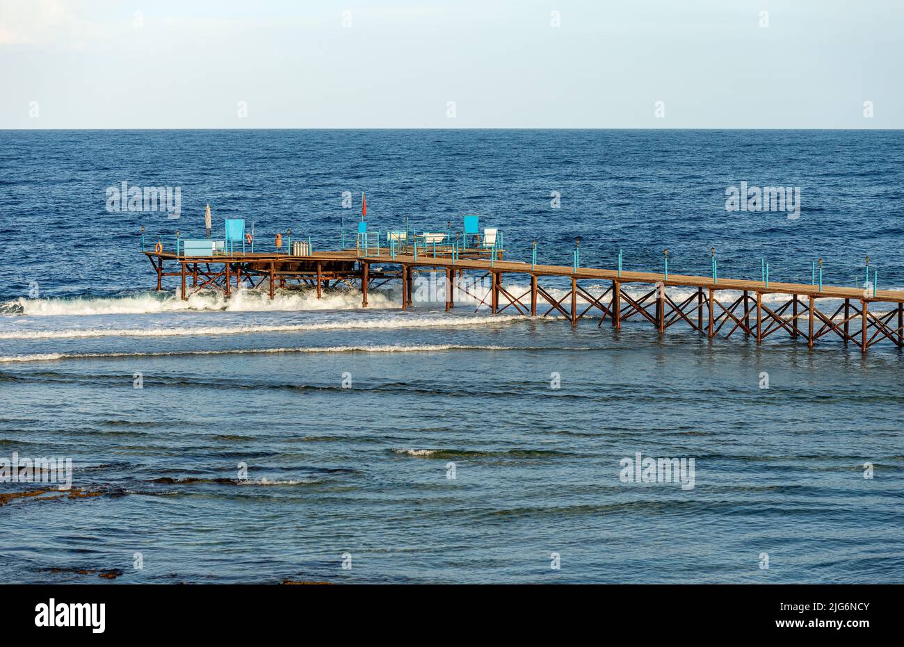 Seascape of the Red Sea near Marsa Alam, Egypt, Africa. Wooden pier ...