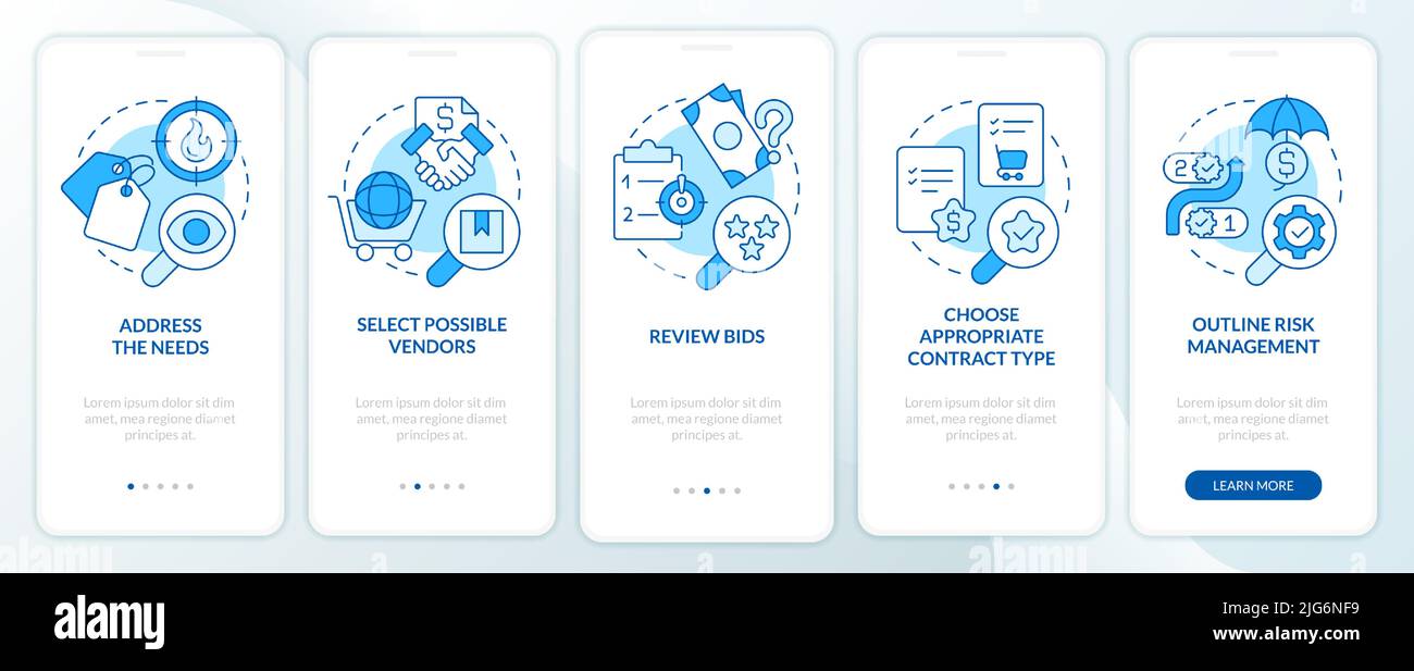Basic Procurement Steps Blue Onboarding Mobile App Screen Stock Vector