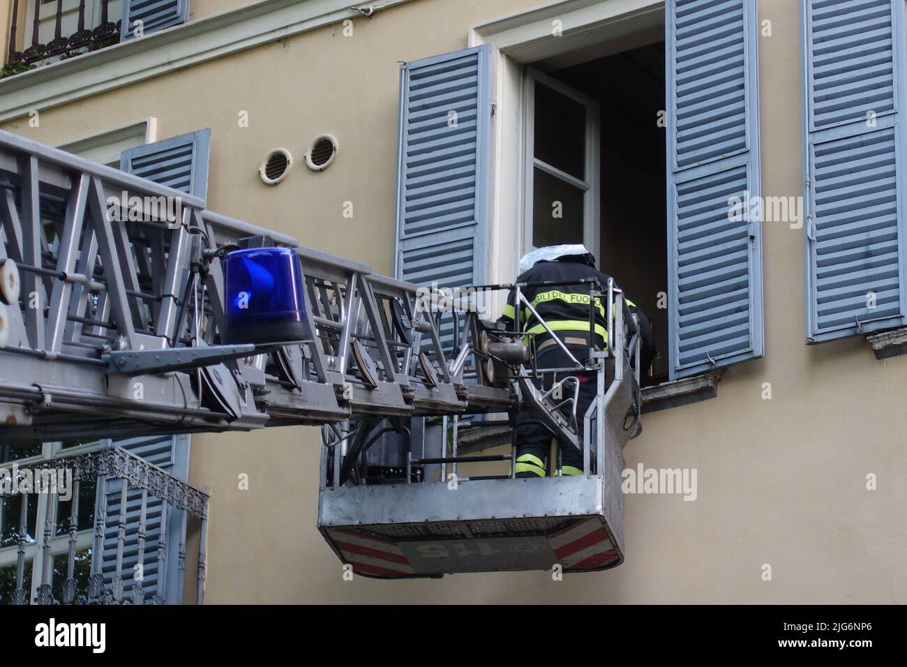 The firefighters' extendable ladder called a ladder truck in extension ...