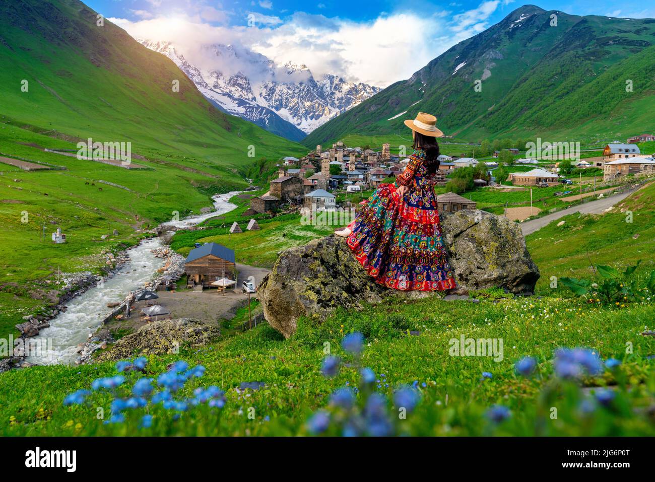 Tourist enjoy view of Ushguli village in Georgia Stock Photo - Alamy