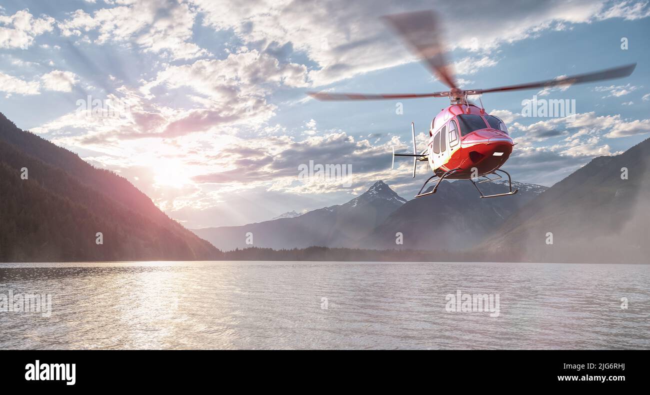 Helicopter over forest sunset hi-res stock photography and images - Alamy