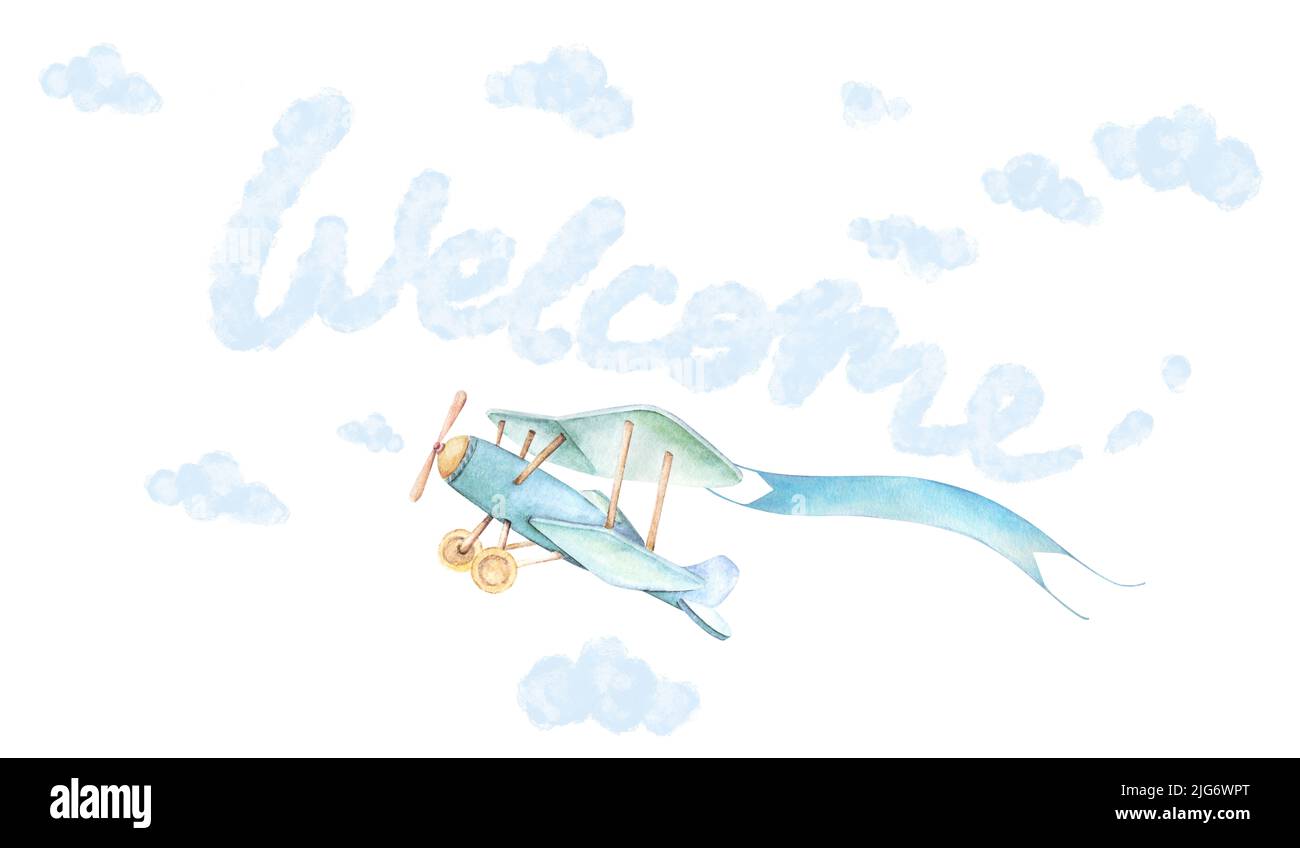 Welcome Nursery wall art. Airplane fly with ribbon in sky. Blue clouds ...