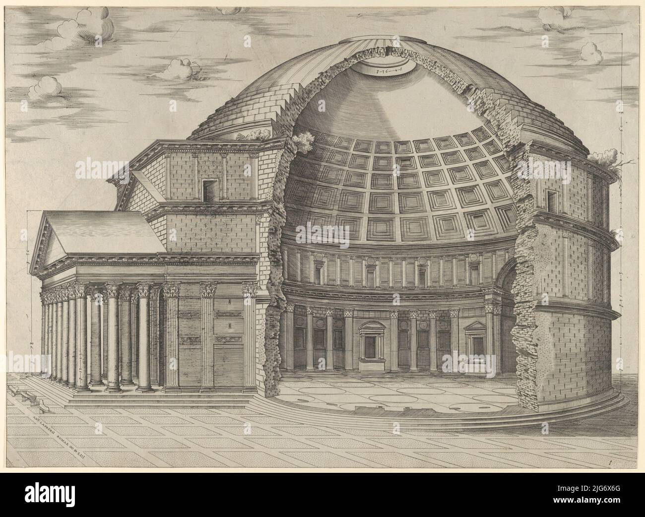 Reconstruction of the Pantheon in Rome, seen from the side, cut away to ...
