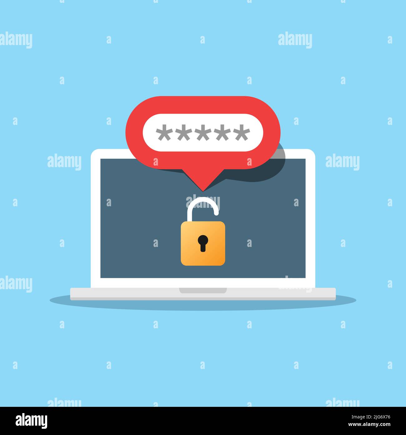 Laptop with password notification icon in flat style. Authentication vector illustration on ...