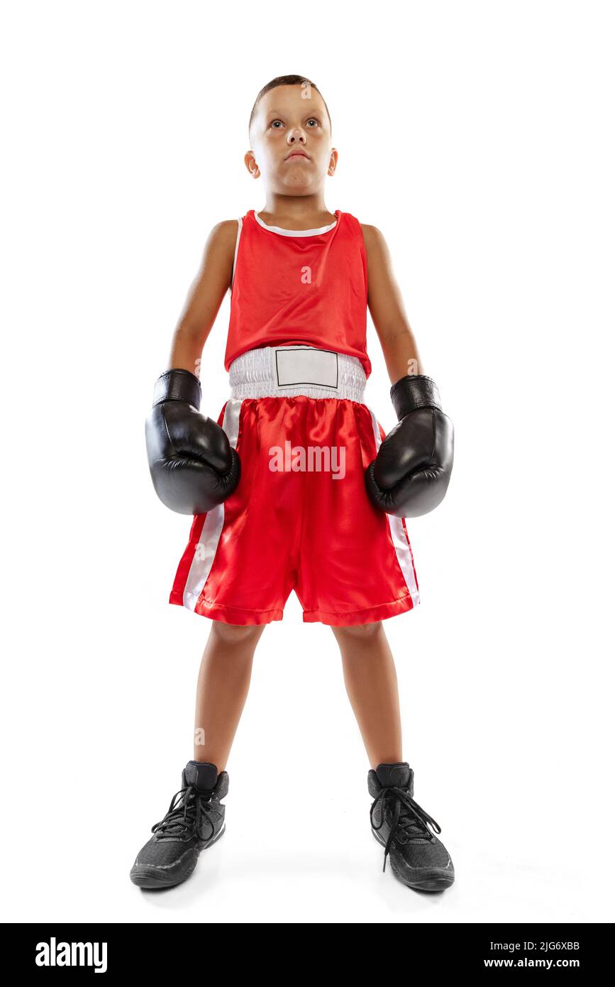 Portrait of kid, young boxer in boxing gloves and red unifprm posing ...