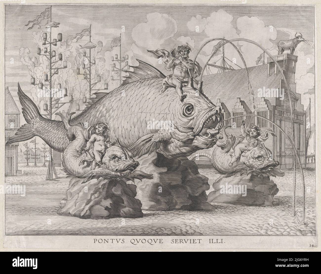 Plate 34: King Ferdinand as Neptune, seated on a whale at center, with ...