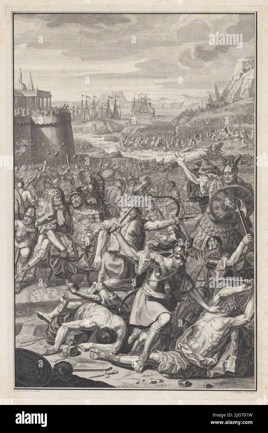 Battle scene with a man about to be stabbed with a sword at lower right ...